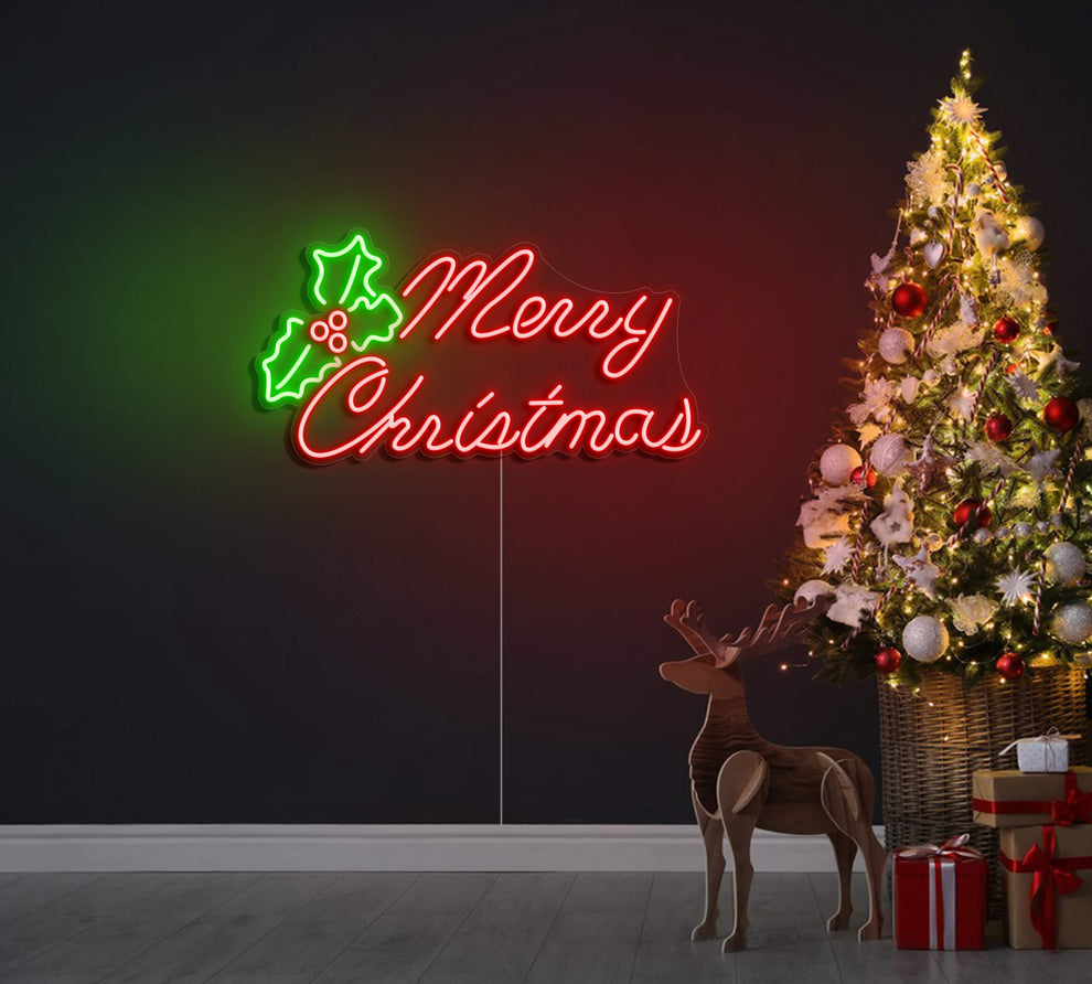 Merry Christmas with Holly Accent LED Neon Sign – Friday Neons